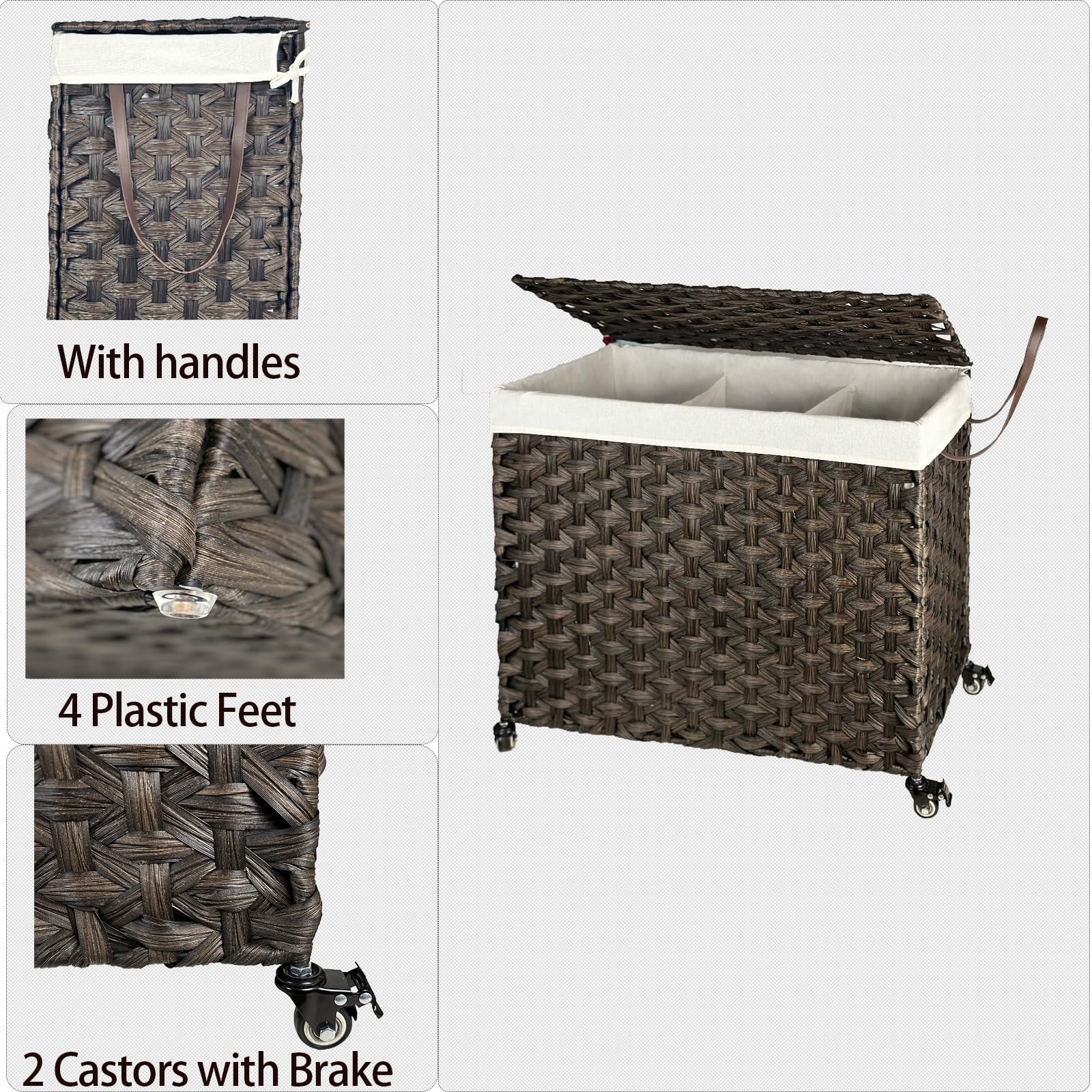 MOORLITER Wicker Laundry Basket with Lid, 34.3 Gallon(130L) Laundry Hamper with Wheels, 3 Section Laundry Hamper, Rolling Laundry Basket, Removable Liner, Laundry Room, 26x13x26 Inches, Dark Brown