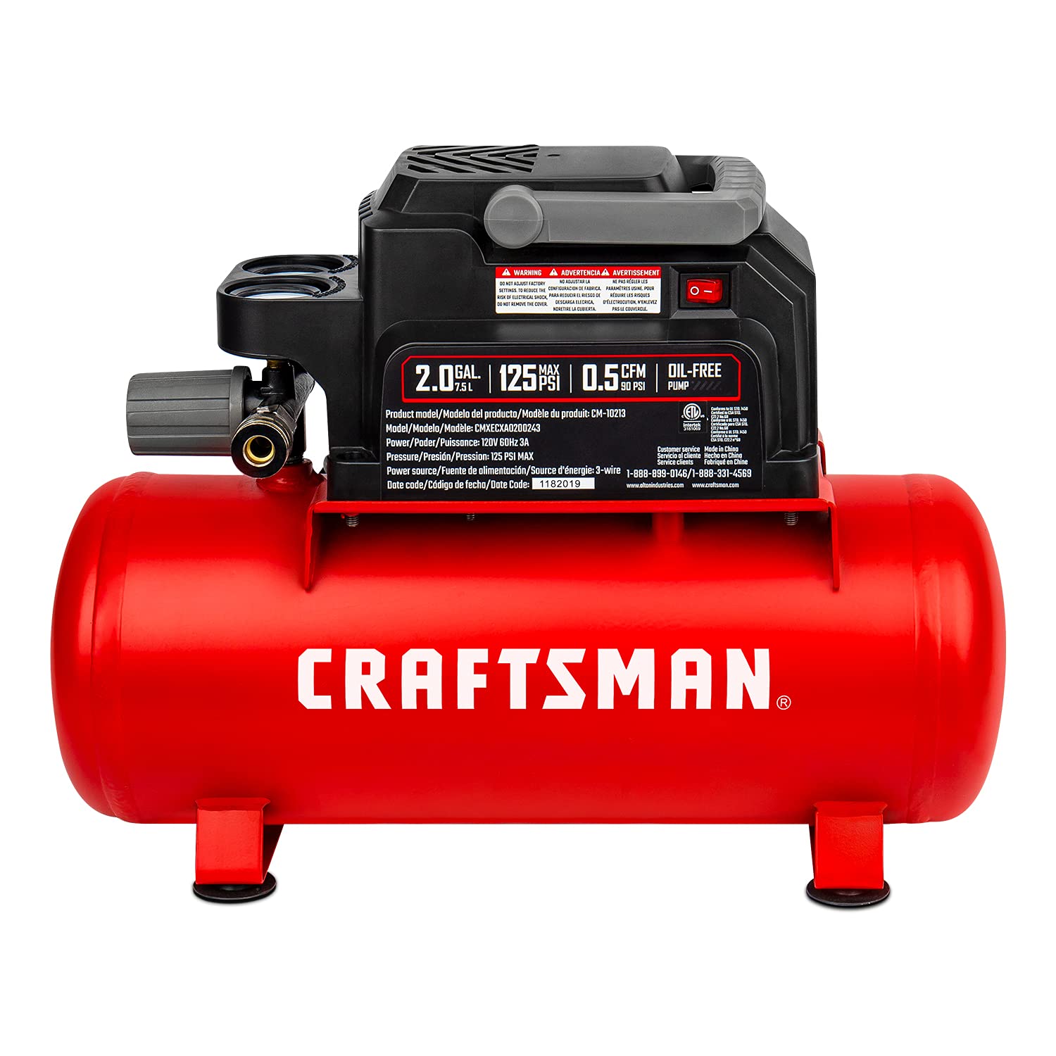 Craftsman Air Tools, 2 Gallon Portable Air Compressor 1/3 HP Oil-Free Max 125 PSI Pressure, Hot Dog, Model: CMXECXA0200243