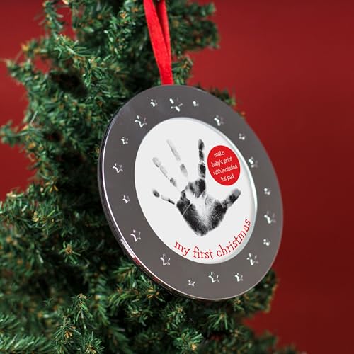 Lil Peach My First Christmas Baby’s Print Ornament, Newborn Handprint Or Footprint Making Kit, Baby Holiday Christmas Tree Keepsake Ornament, Included No-Mess Clean Touch Ink Pad, Silver Stars