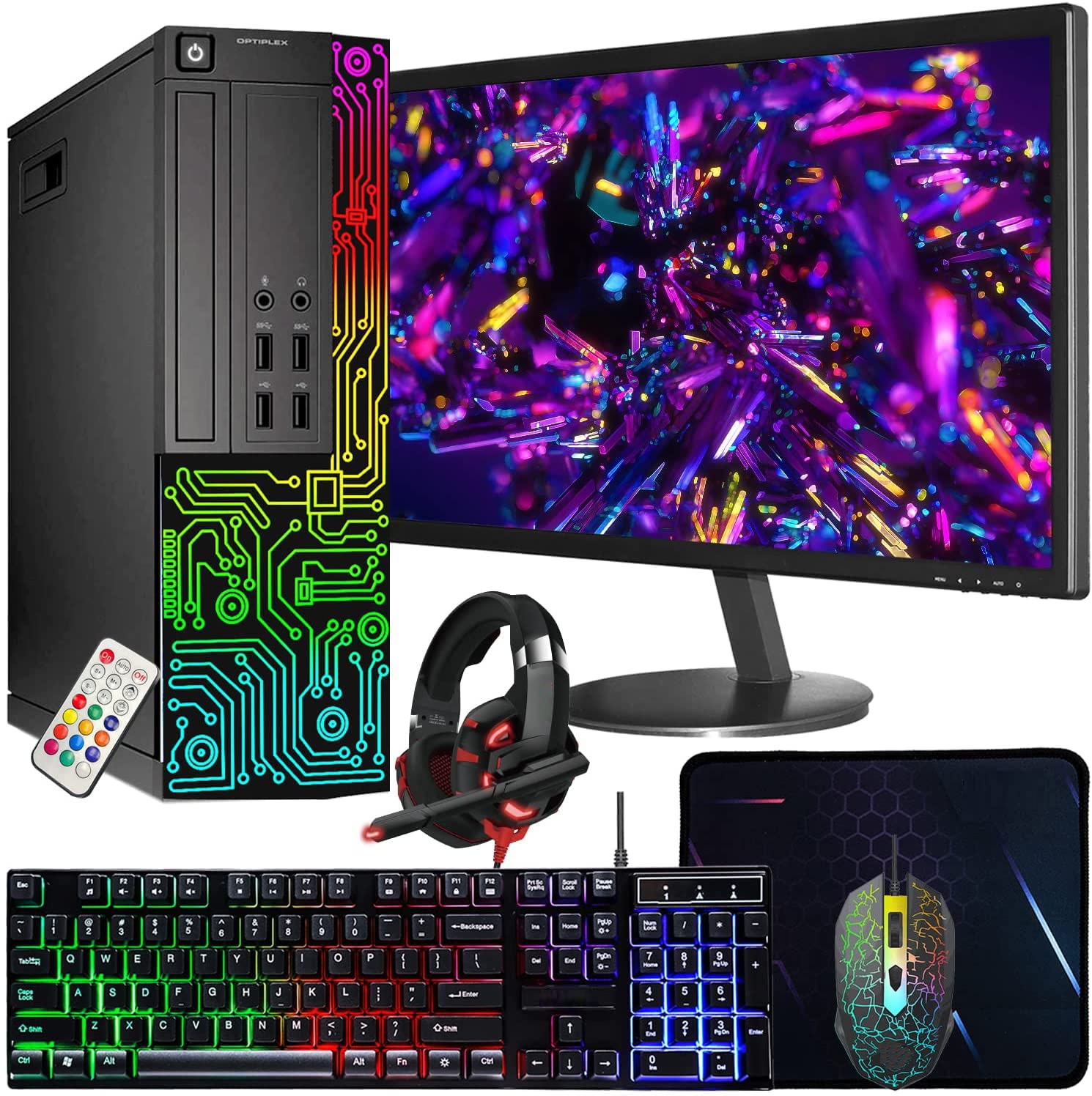 Dell OptiPlex Desktop RGB Computer PC, Intel i5 Quad-Core Processor, 16GB RAM, 512GB SSD, 24 Inch HDMI Monitor, RGB Keyboard Mouse and Headset, WiFi, Windows 10 Pro (Renewed)