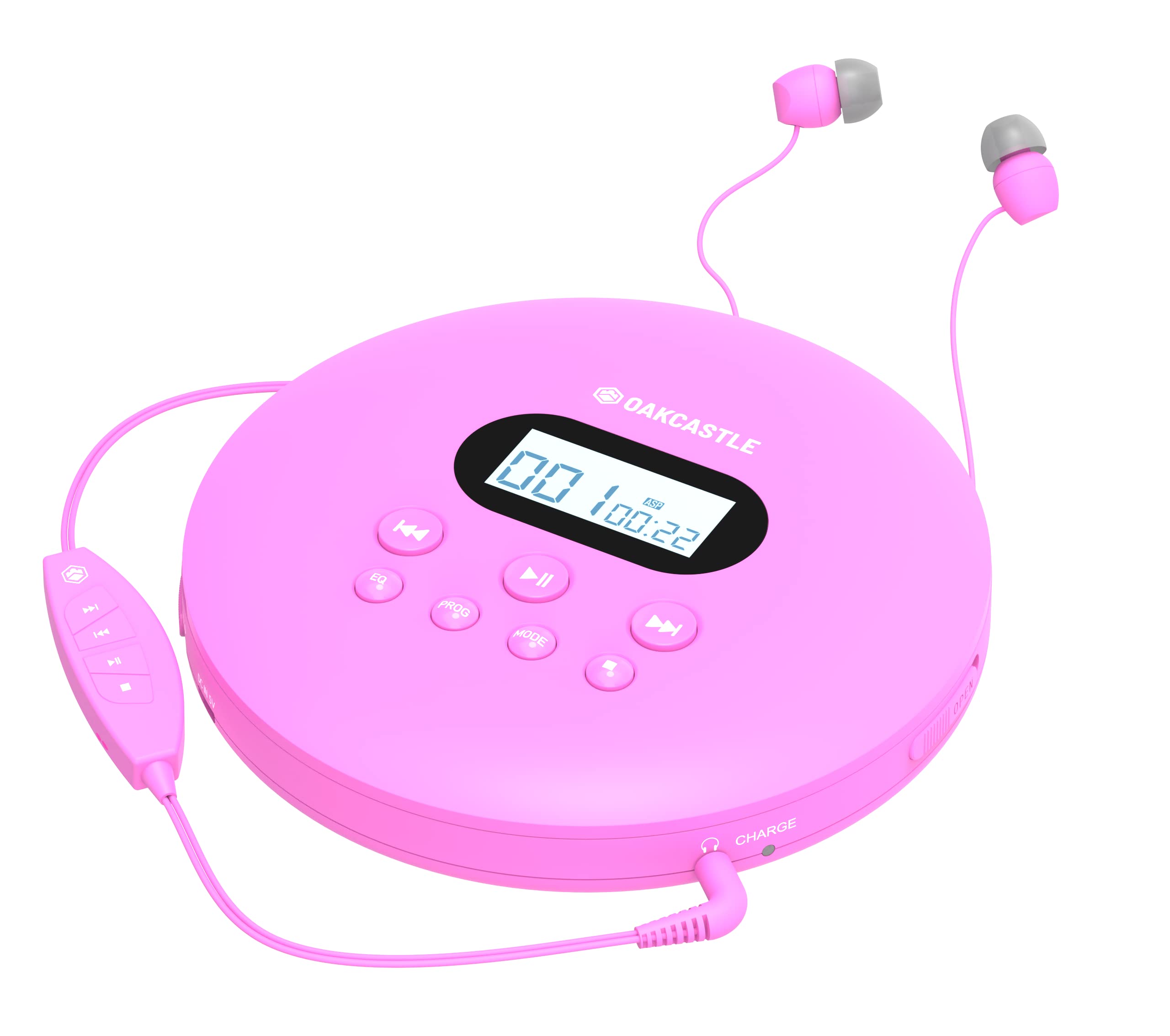 CD Player Portable, Rechargeable Portable CD Player w/Bluetooth 5.3, 12Hr Playtime, Small CD Players for Car (AUX only) | Oakcastle CD100 Portable CD Player w/Headphones, CD Walkman, Discman (Pink)