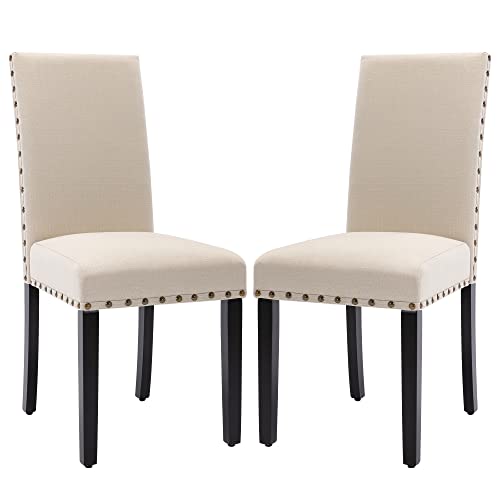 GOTMINSI Upholstered Dining Chairs with Nailhead Trim,Set of 2 Fabric Parsons Dining Chairs with Solid Wood Legs, Kitchen Chairs for Vintage Style and Modern Decoration (Beige)