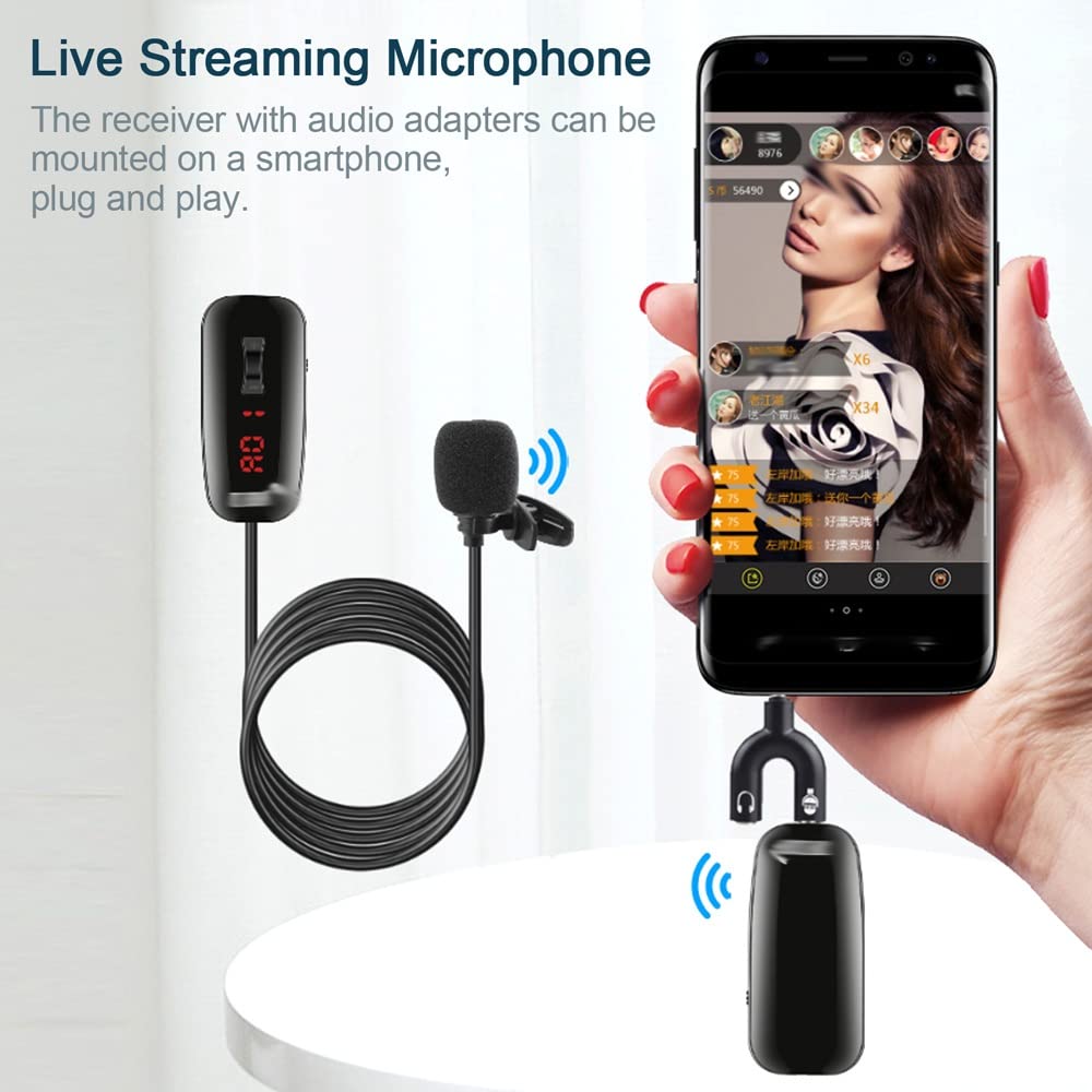 BHVXW Lavalier Microphone Mini Lapel Recording Live Streaming Microphone 50UHF for Camcorder Smartphone Laptop 50m Range