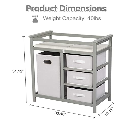 Kinfant Baby Changing Table with Storage - Diaper Changing Table with Laundry Hamper, 3 Storage Basket, Changing Pad & Safety Belt (Grey)