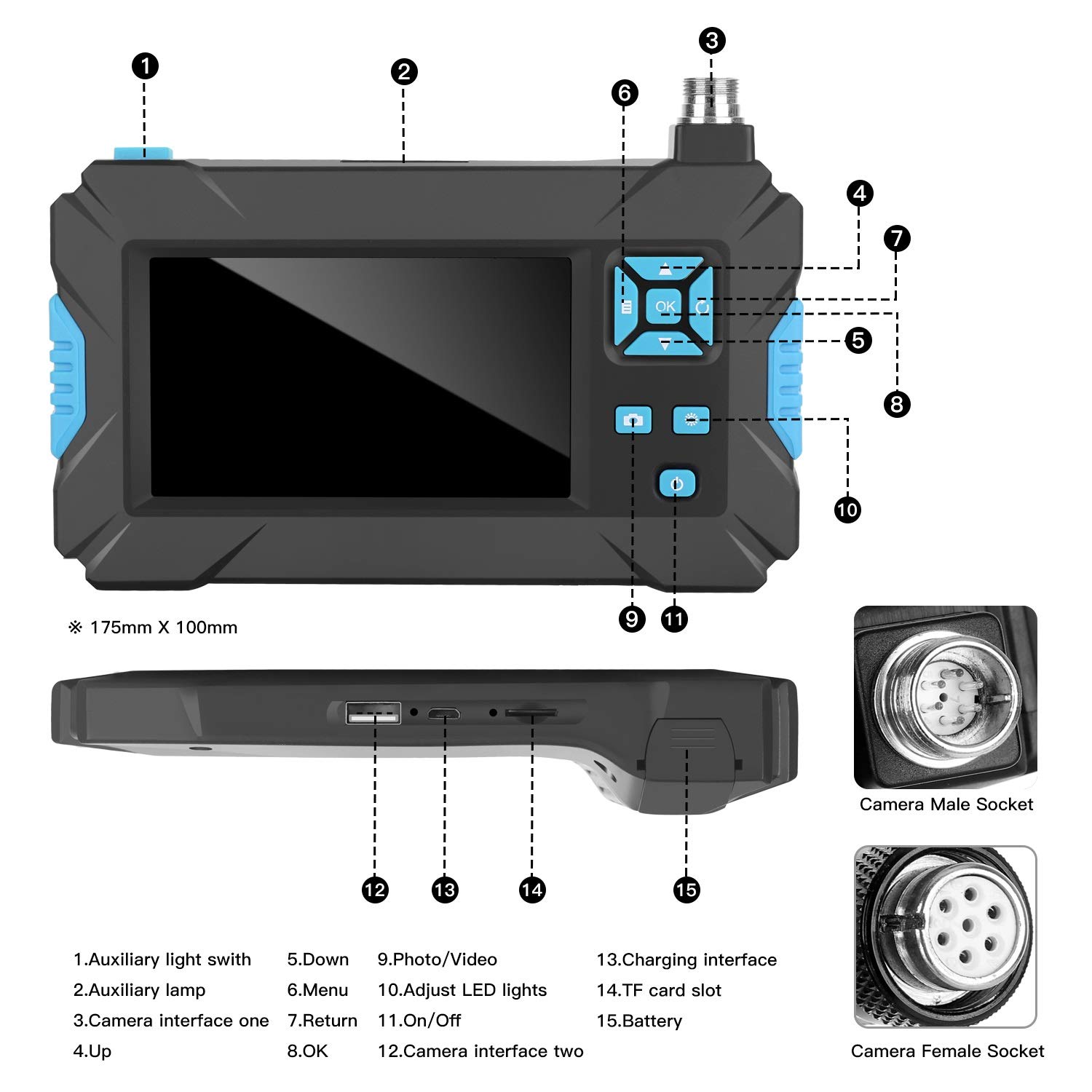 BHVXW New Industrial Endoscope 5.5mm Handheld Borescope 6 LEDs 4.3inch Camera 1080P Video Car Inspection Camera Endoscope (Size : 2M)