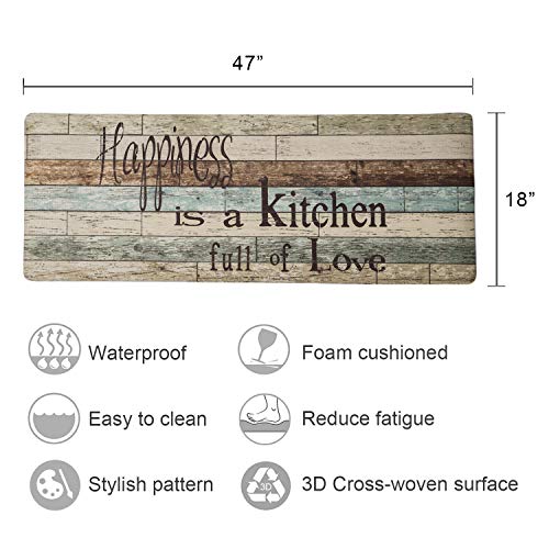 FRESHMINT Farmhouse Kitchen Mats Cushioned Anti-Fatigue Comfort Mat for Home & Office Ergonomically Engineered Memory Foam Kitchen Rug Waterproof Non-Skid, 47" by 17",Happiness