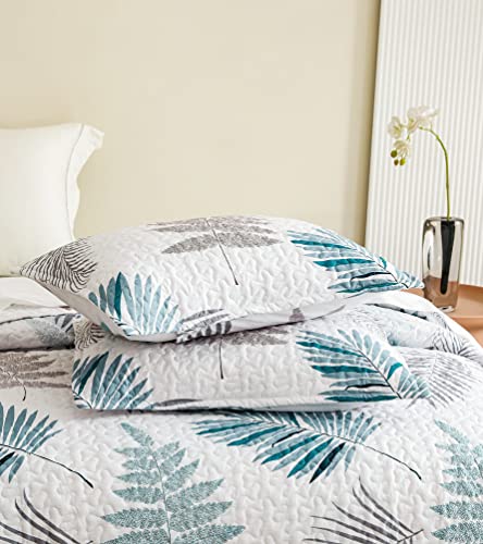 DURLENGEN Floral Quilt Set Queen Size 3Pcs, Teal & Khaki Leaves Printed on White, All Season Lightweight Coverlet Sets(Queen 90x96, Botanical Teal)