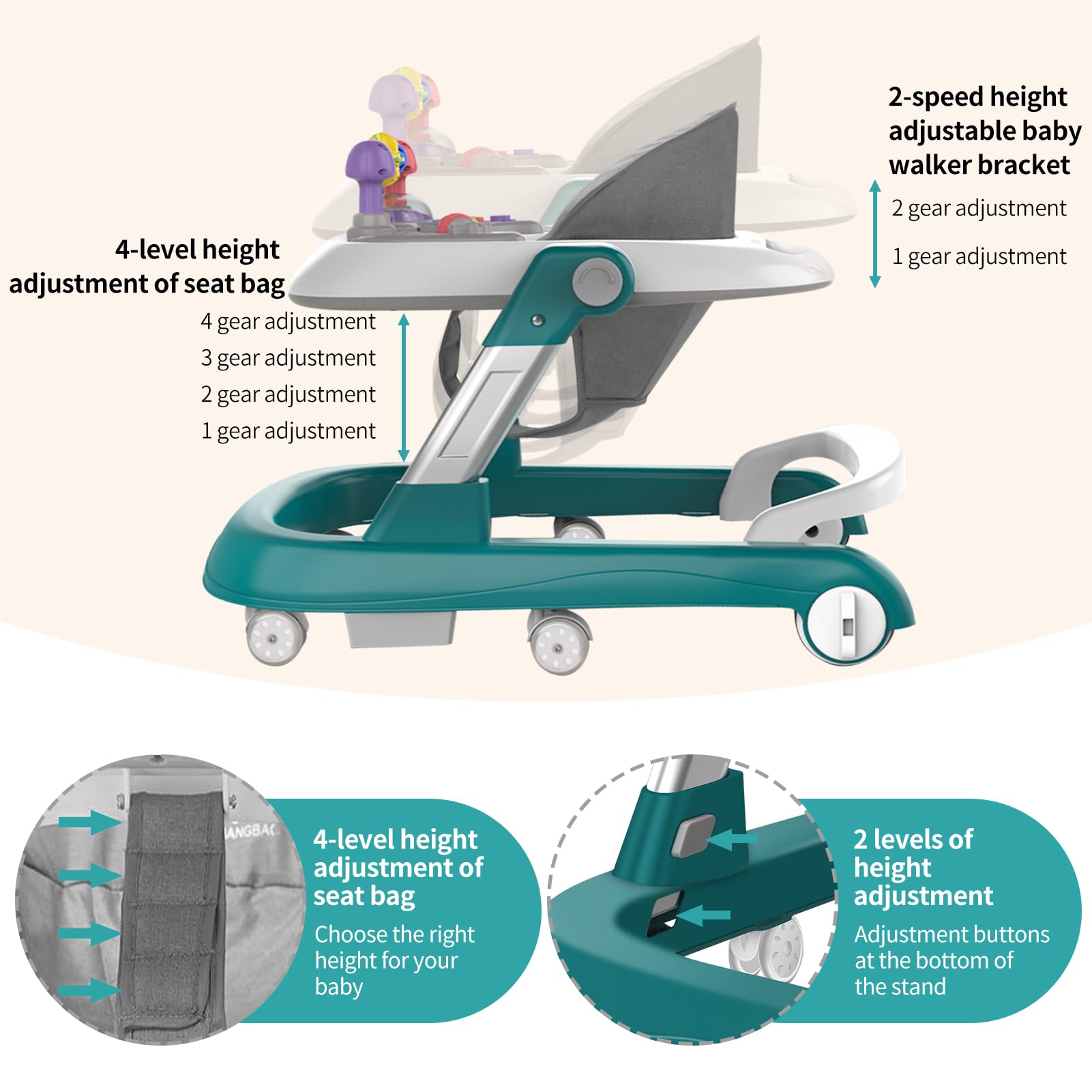 Baby Walker with Wheels, 2-in-1 Activity Walker Learning-Seated, Walk-Behind, Removable Play Tray, Adjustable Height & Speed, Foldable Baby Walker for Boys and Girls from 6-18 Months with Footrest