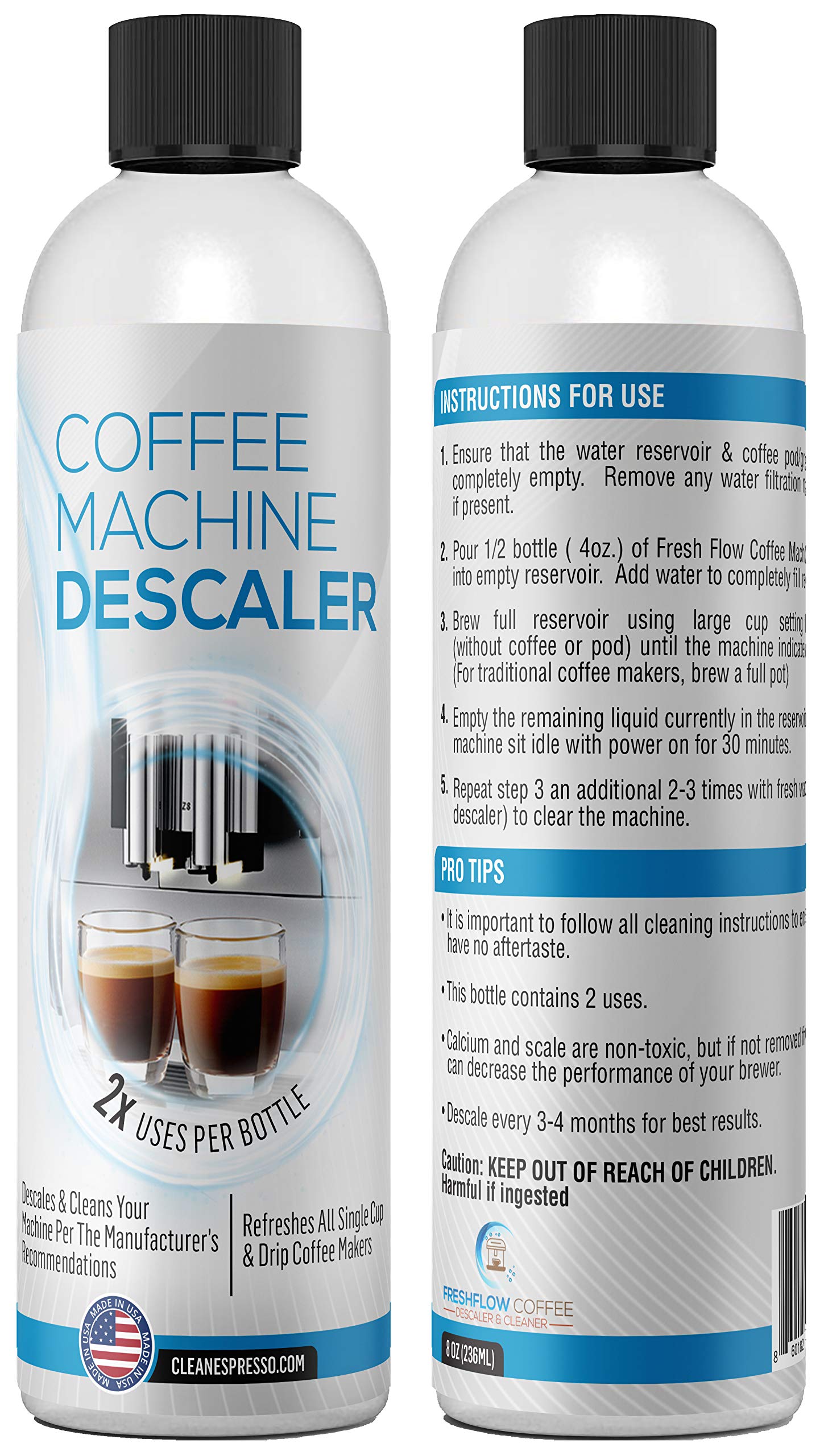 Descaling Solution for Coffee & Espresso Machines - 2 Bottle Pack (4 Uses) - Universally Compatible Descaler Cleaner for Keurig, Breville, Nespresso, Delonghi & All Single Use or Drip Machines