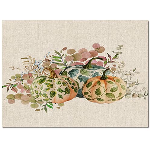 Leaves Pumpkins Large Rectangular Area Rugs 5' x 7' Living Room, Durable Non Slip Rug Carpet Floor Mat for Bedroom Bedside Outdoor Fall Thanksgiving Green Eucalyptus Burlap
