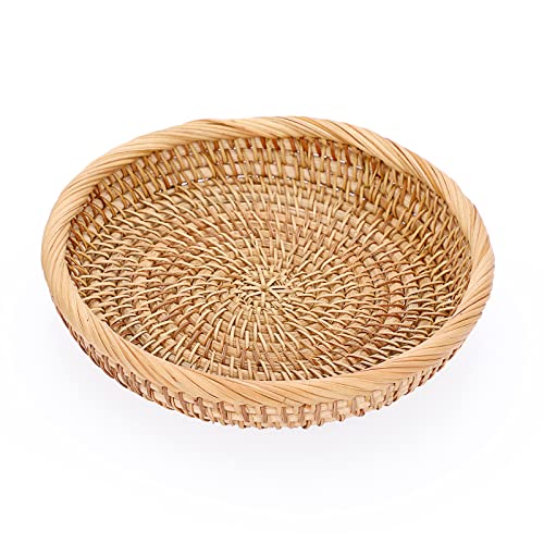 Hipiwe Small Key Basket Bowl for Entryway 7.6" Round Woven Wicker Basket Snacks Fruit Candy Serving Basket Tray Rattan Organizer Basket for Keys Wallet Cell Phone