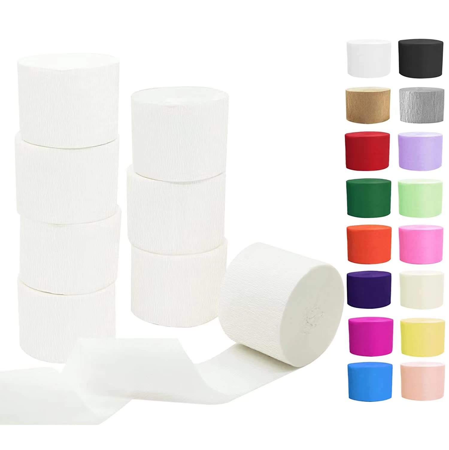 White Crepe Paper Streamers 8 Rolls, Party Streamers for Birthday Wedding Baby Bridal Shower Decorations Halloween Christmas Craft Supplies (1.8 Inch x 82 Ft/Roll,656ft)