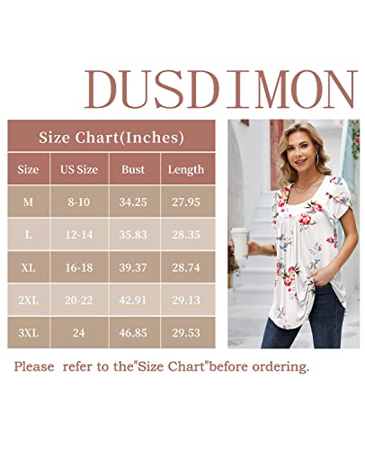 DUSDIMON Women's 2023 Summer Tunic Tops Petal Short Sleeve Square Neck Loose Flowy Pleated Shirts(Flower White, XL)