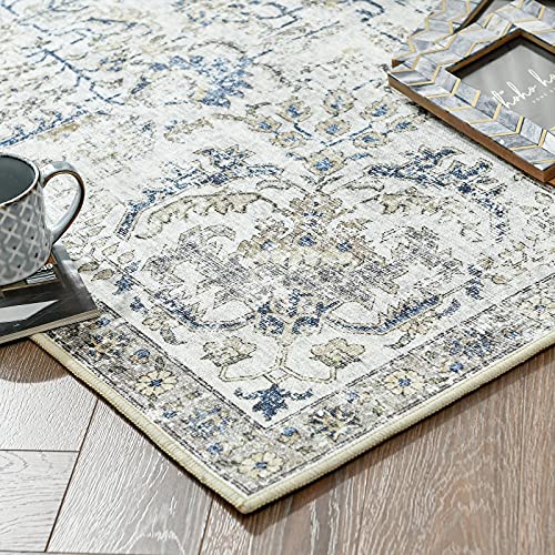 jinchan Area Rug 8x10 Vintage Rug Indoor Flodable Thin Rug Retro Accent Rug Distressed Carpet Blue Multi Floral Print Mat Country Boho Rug Non Slip Kitchen Bedroom Living Room Dining Room Office