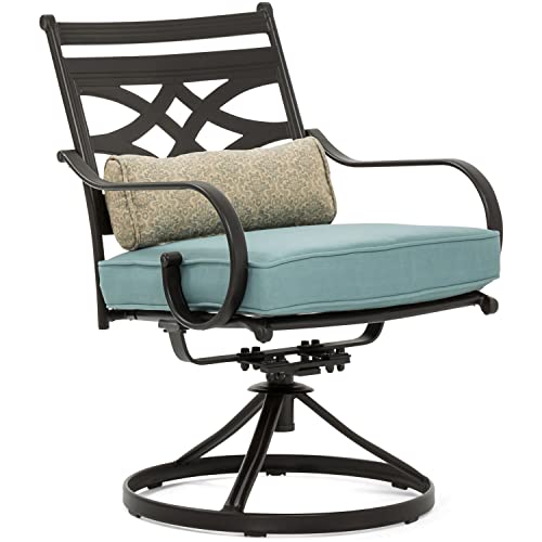 Hanover Montclair 9-Piece All-Weather Outdoor Patio Dining Set, 8 Swivel Rocker Chairs with Comfortable Seat and Lumbar Cushions, 84"x42" Stamped Rectangle Table, Umbrella, and Umbrella Base
