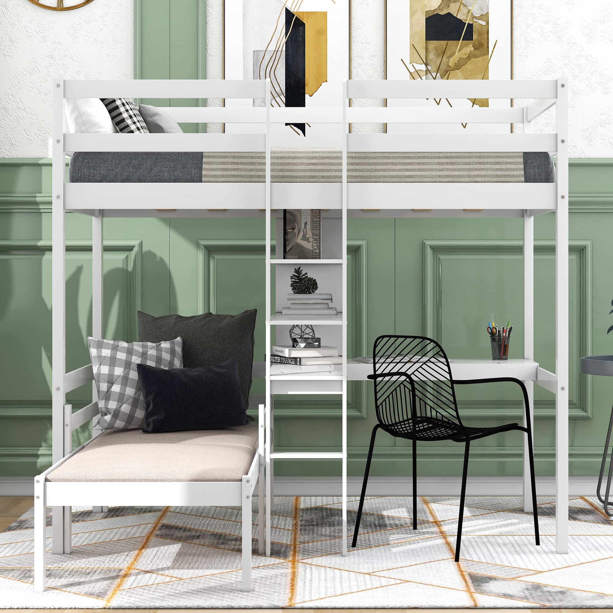 BIADNBZ Wooden Full Size Loft Bed with Desk and Shelves, Wood High Loftbed Frame for Kids/Teens Bedroom, Space Saving/No Box Spring Needed, White