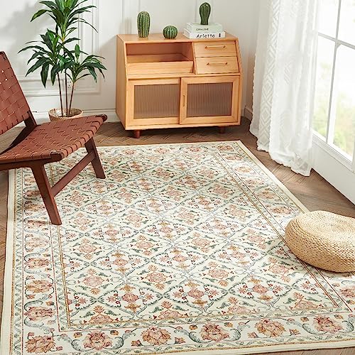 jinchan Area Rug 8x10 Vintage Washable Rug Floral Rug Living Room Persian Rug Non Slip Accent Rug Retro Soft Thin Rug Floor Cover Carpet for Bedroom Dining Room Kitchen Decor Cream Red Green Multi