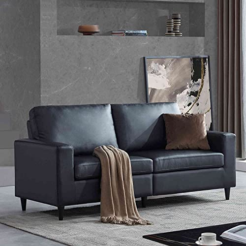 DNYN Modern PU Leather Sofa, Upholstered 3-Seater Couch w/Solid Frame and Wood Legs for Home or Office, Black