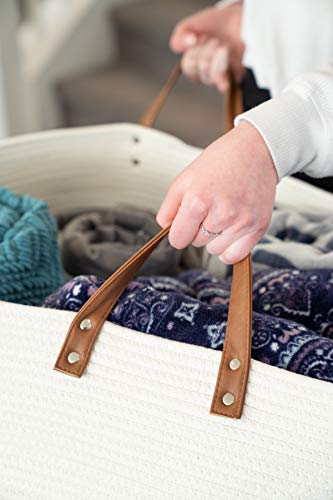 Sweetzer & Orange Extra Large Woven Cotton Rope Storage Basket – 23”x20.5”x15.5” w/Vegan Handles - Blanket Storage Baskets, Laundry and Toy Storage, Nursery Hamper - Off White XXL for Living Room