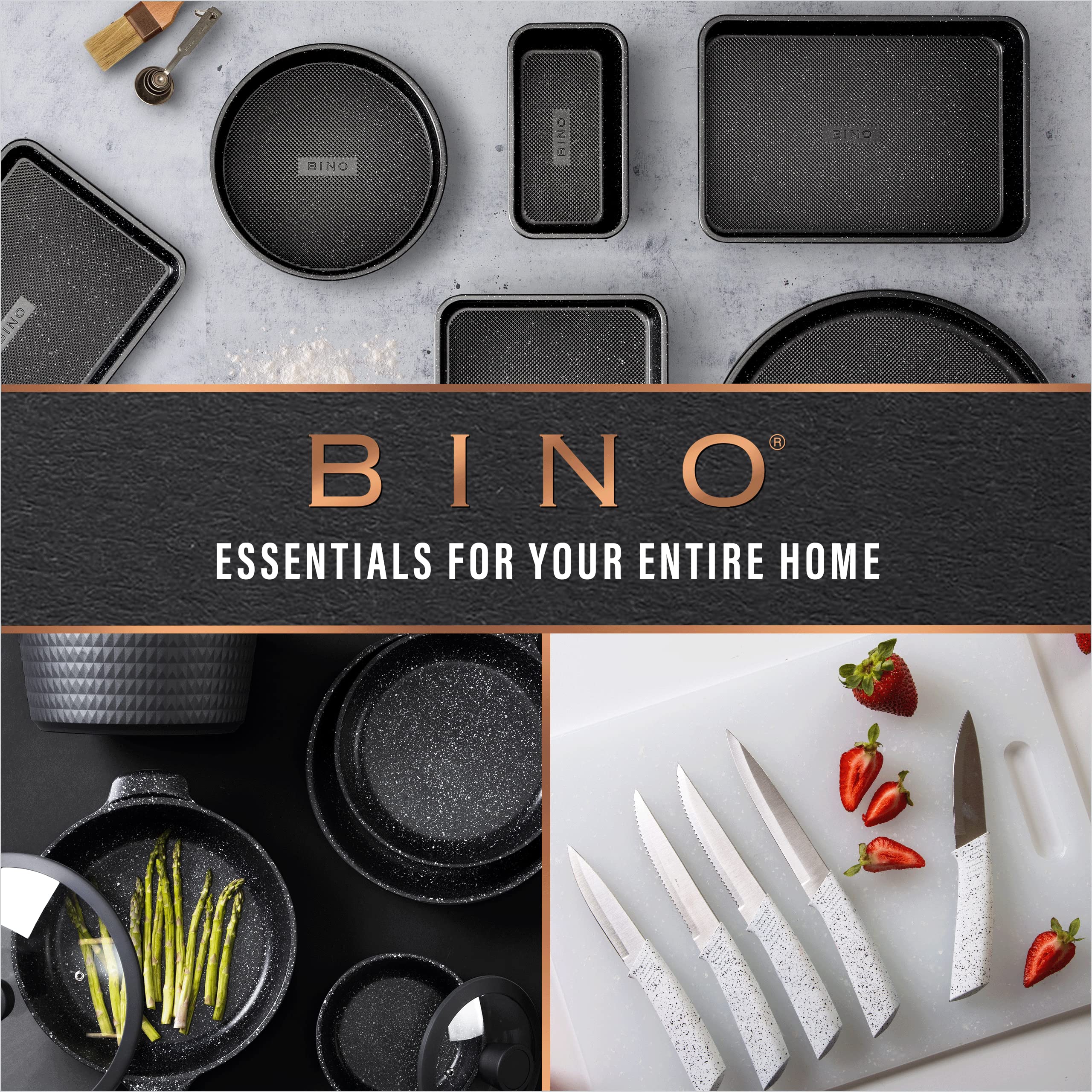BINO 2-Piece Silicone Spoon & Slotted Turner Set with Stainless Steel & Wooden Handle - Black | BPA-Free Nonstick & Heat Resistant Silicone | Mixing & Serving | Cooking Utensils for Nonstick Cookware