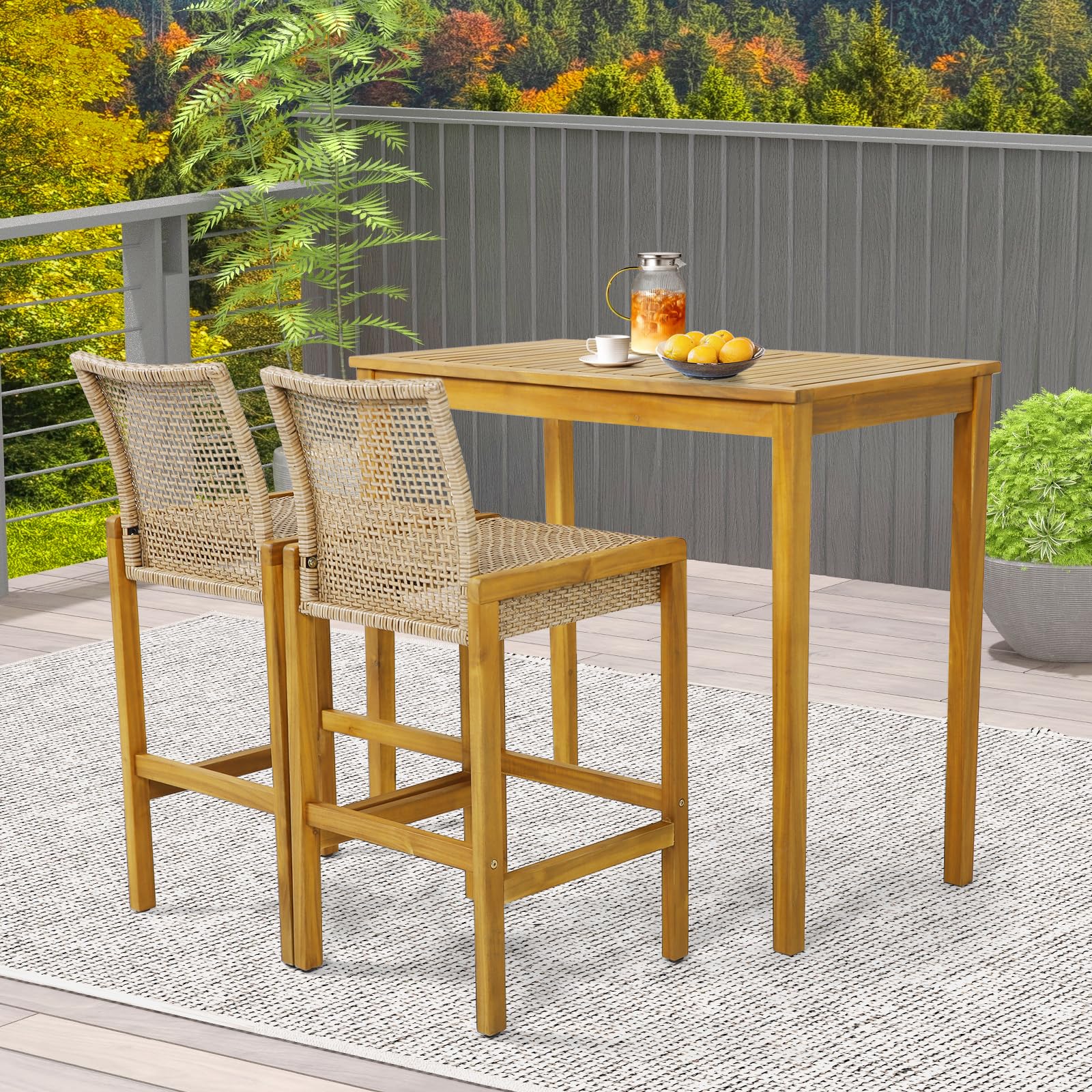 Tangkula Patio Wood Barstools Set of 2, PE Rattan Bar Height Chairs with Backrest, Stable Metal Frame, 400 lbs Max Load, Light Brown PE Wicker Bar Chairs for Porch, Backyard, Balcony (2)