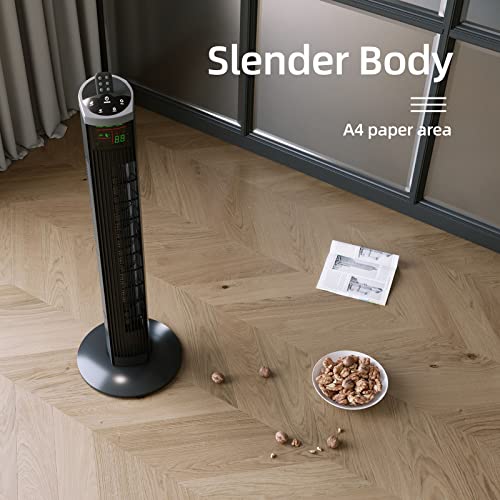 Gray Track Tower Fan 75° Oscillating Fans with Remote, 3 Speeds, 3 Modes, 15H Timer, LED Display, 36” Portable Floor Bladeless Fan for Bedroom Home Office, Quiet Cooling, Space-Saving