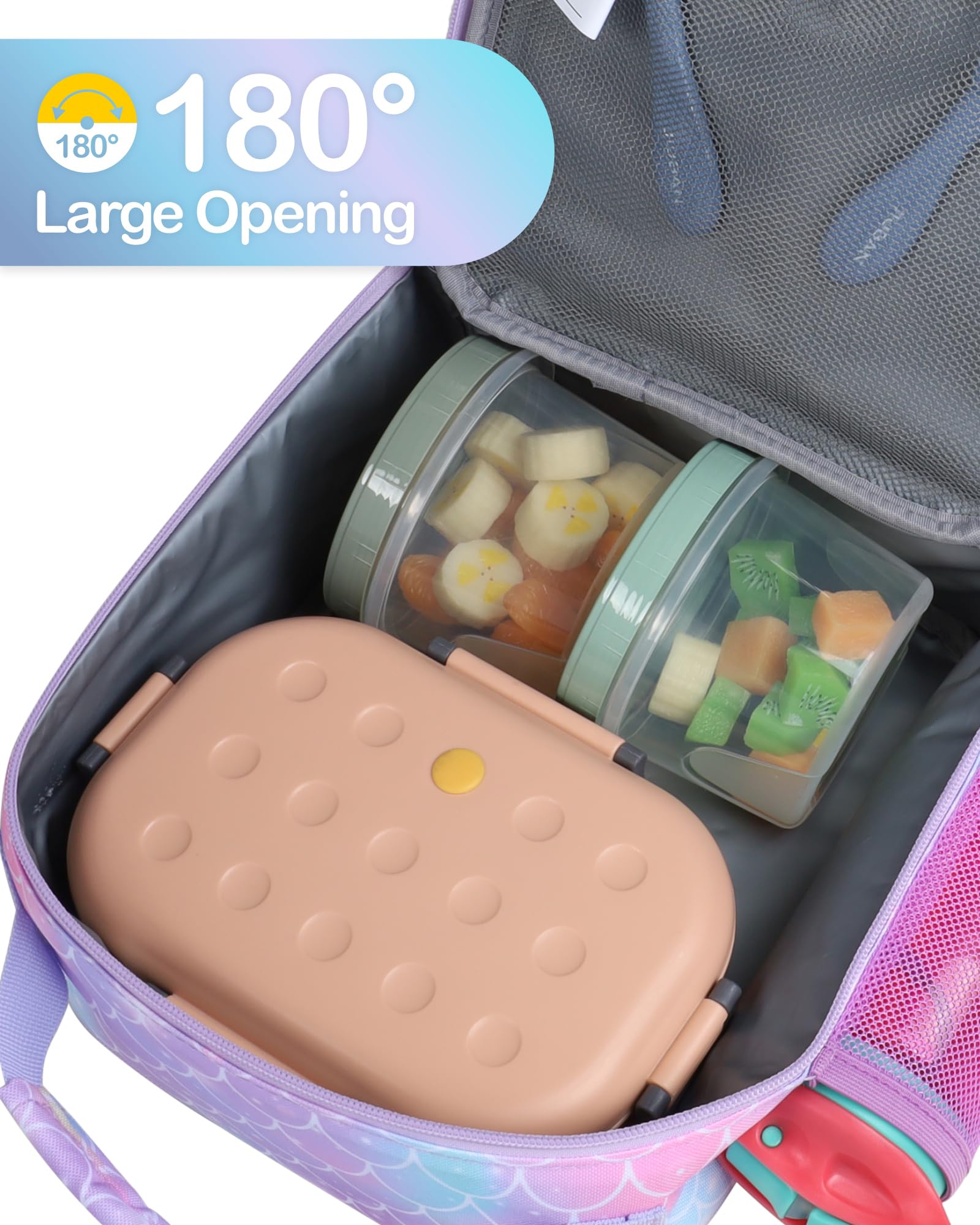 Bagseri Kids Lunch Box Insulated - Lunch Box Bag for Girls, Portable Reusable Toddler Lunch Cooler Bag for School, Water-resistant Lining (Purple, Glitter Mermaid Scale)