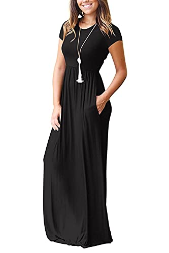 GRECERELLE Women's Short Sleeve Loose Plain Maxi Dresses Casual Long Dresses with Pockets Black Medium