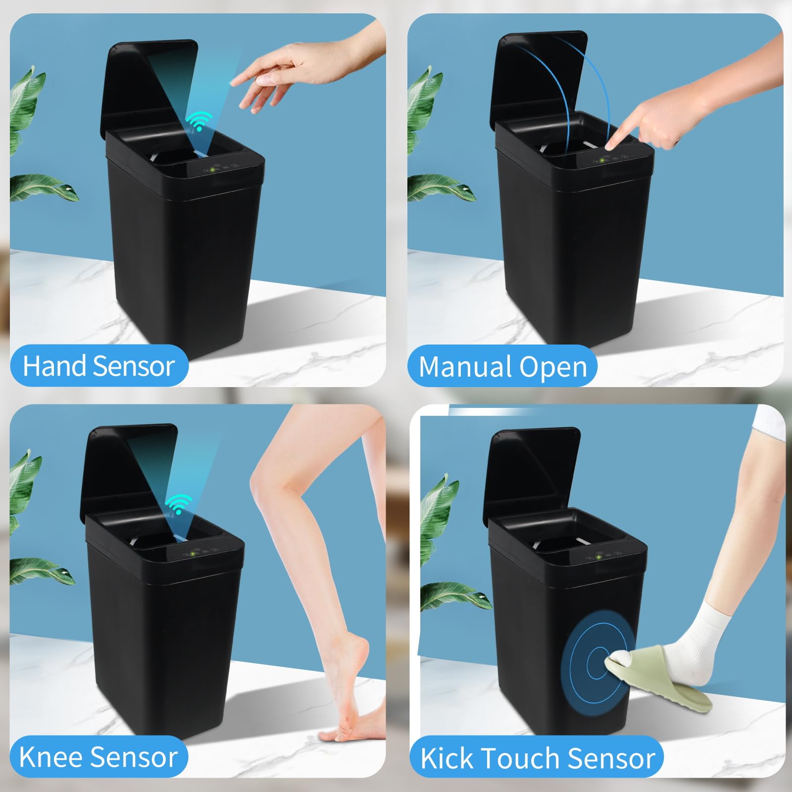 TemphytBong Small Slim Bathroom Trash Can with Lid Automatic Touchless Garbage Can 2.5 Gallon Narrow Covered Motion Sensor Trash Can for Bathroom Living Room Bedroom Office Toilet Black(2 Pack)