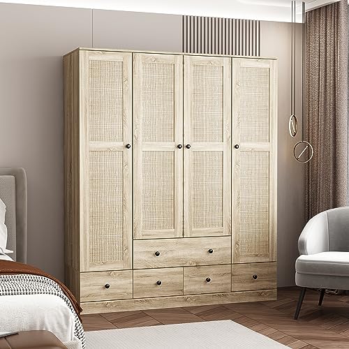 Hitow Wardrobe Armoire with 4 Ratten Doors, Wardrobe Cabinet for Hanging Clothes with 5 Drawers, Bedroom Armoire Dresser Wardrobe Clothes Organizer, Rustic Wood Type D (59" W x 18.8" D x 70.8" H)