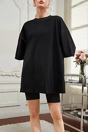 FSHAOES Women's Oversized T Shirts Casual Loose Half Sleeve Drop Shoulder Tees Summer Round Neck Cotton Tunic Tops Black