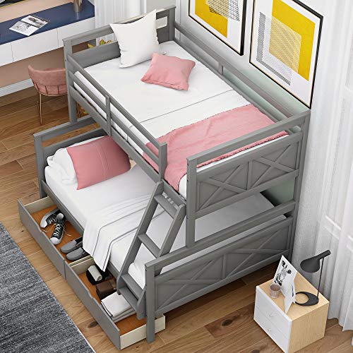 GLORHOME Twin Over Full Bunk Bed with 2 Storage Drawers, Solid Wood Bed Frame with Safety Rail and Ladder, Kids/Teens Bedroom, Guest Room Furniture, Can Be Converted into 2 Beds, Grey