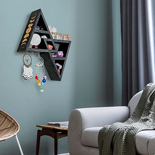 Crystal Shelf Display with Hooks - Black Moon Phase Triangle Shelf for witchy room decor - Moon shelf for Aesthetic shelves room decor, crystal organizer shelf for Living Room , Bed Room ,Bath Room