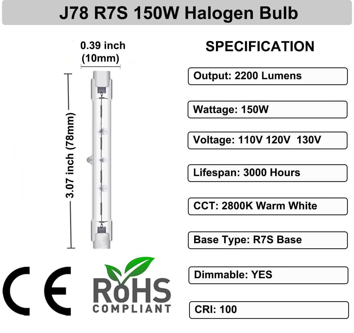 Vannise R7S Bulb 100W, 5 Pack Halogen R7S 78MM T3 100W 120V Halogen Light Bulb, R7S Dimmable 2800K Warm White, Long Lasting 3 Inch Long Double Ended Light Bulb for Work, Security, Landscape Light