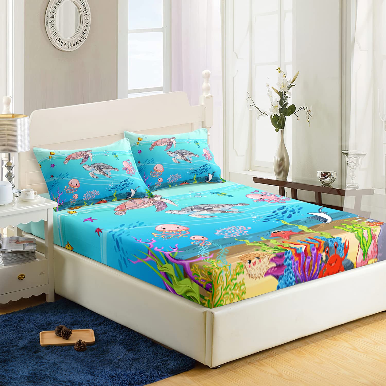 XYNHML Sea Turtle Fitted Sheet Tropical Fish Marine Life Bed Set Reptile Sea Animals Wildlife Bed Cover for Teens Adult Includes 1 Fitted Sheet,2 Pillowcases