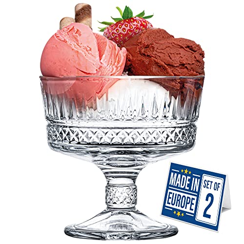 Crystalia Glass Ice Cream Bowls, Crystal Dessert Cups Set of 2, Clear Pedestal Bowls, Small Glass Bowls for Parfait, Trifle, Sundae and Cereal, Footed Desert Cups, Lead-Free Custard Cups