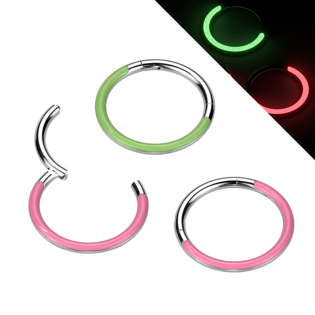 BODY DAZZ 16G Glow in the Dark Titanium Hinged Segment Ring Clicker Cartilage, Septum, Daith Piercing Jewelry (16 Gauge 8mm, Pink (Front Facing))