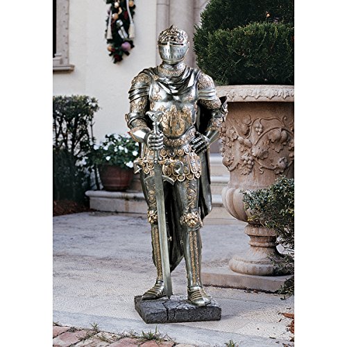 Design Toscano King's Guard Medieval Decor Half Scale Knight Armor Gothic Statue, 39 Inch Tall, Cast Stone Resin, Metallic Finish with Faux Stone Base