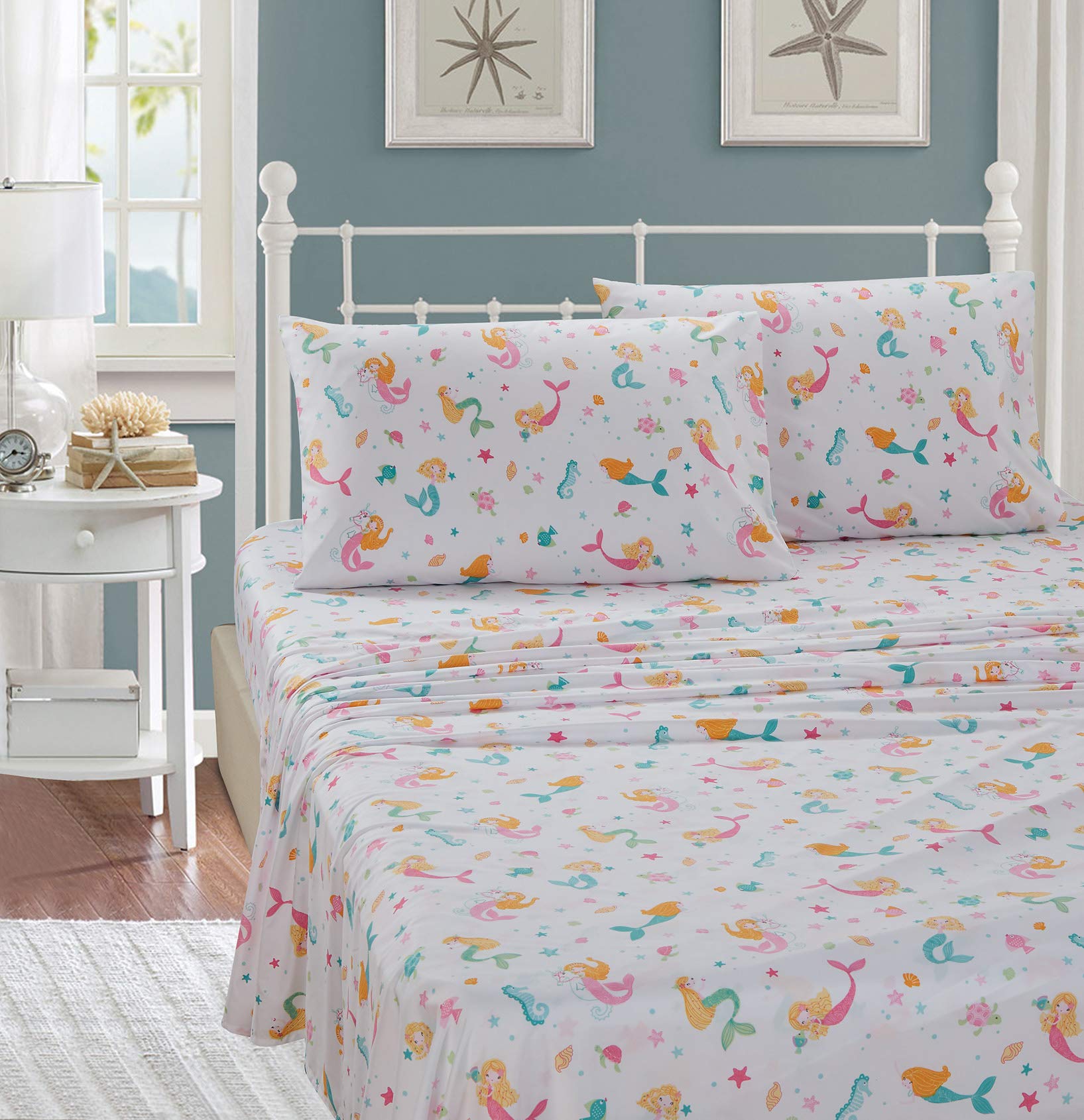 Better Home Style Under The Sea Life Mermaid Girls/Kids/Teens 3 Piece Sheet Set with Pillowcase Flat and Fitted Sheets Set with sea Stars and Seahorses # Pink Mermaid (Twin)