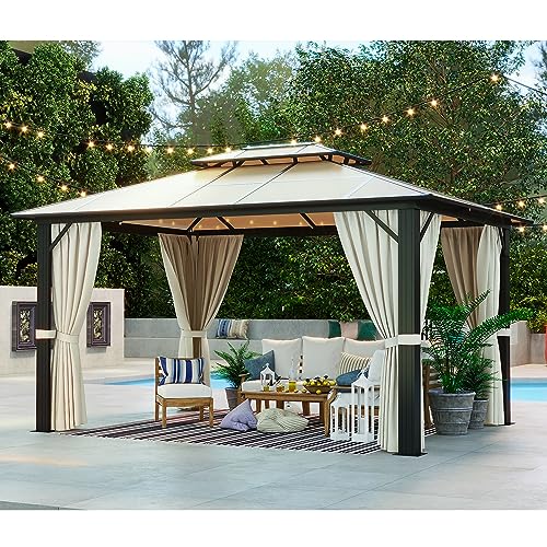 Binplax Hardtop Gazebo Polycarbonate Double Roof Canopy Curtains Aluminum Frame with Netting for Garden, Patio,10' ×13'