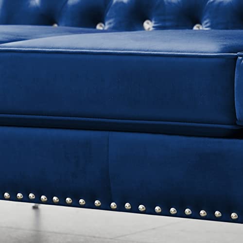 HomSof 82.3" Width Modern Velvet Sofa Jeweled Buttons Tufted Square Arm Couch with 2 Pillows, 3 Seater, Blue(3 Seater)
