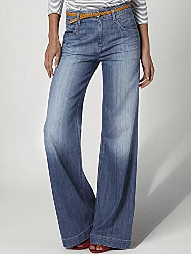 Flamingals Wide Leg Jeans for Women Stretch Mid Waist Baggy Jeans Boot Cut Jeans Denim Pants Without Belt Mid Blue XL