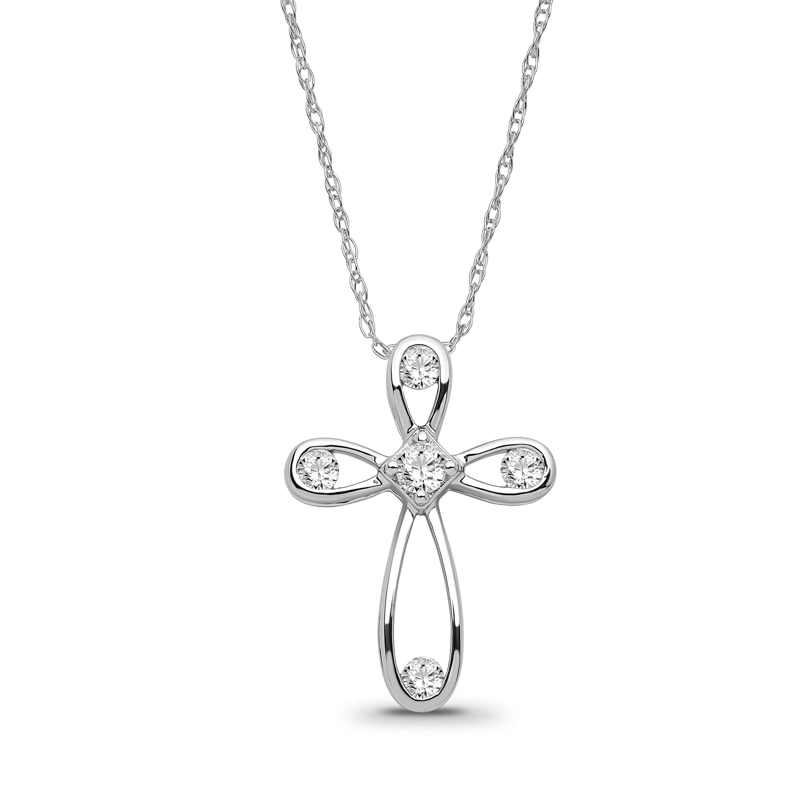 ARAIYA FINE JEWELRY 10K White Gold Round-shape Diamond Cross Pendant with Silver Chain Necklace (1/4 cttw, I-J Color, I2-I3 Clarity) 18"