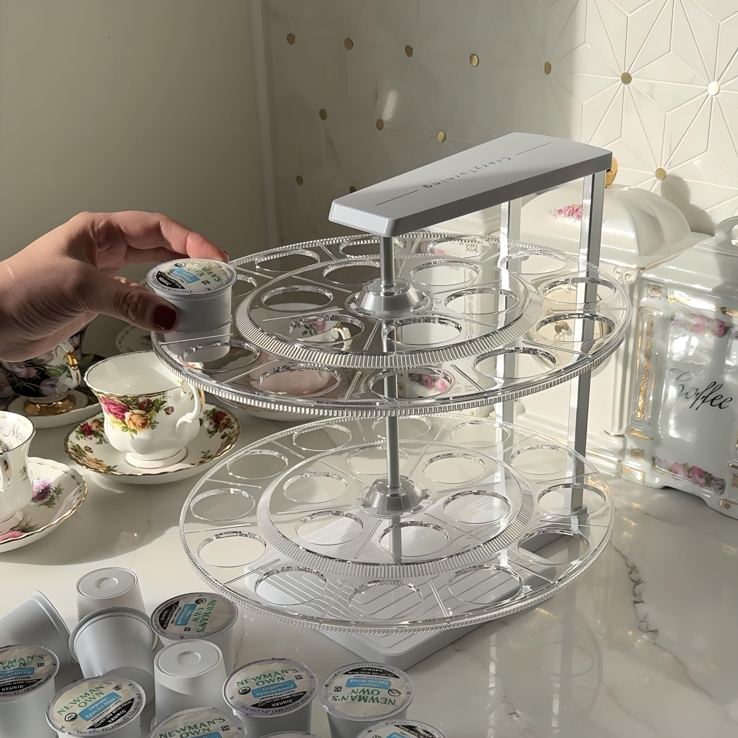 CrazyTurning K Cup Holder, K Cup Organizer, kcup 36 Coffee Pod Holder, 360ยฐ Double Layer Rotation Storage, kcup Lazy Susan for Coffee Station Countertop Cabinet - 36 K Pods