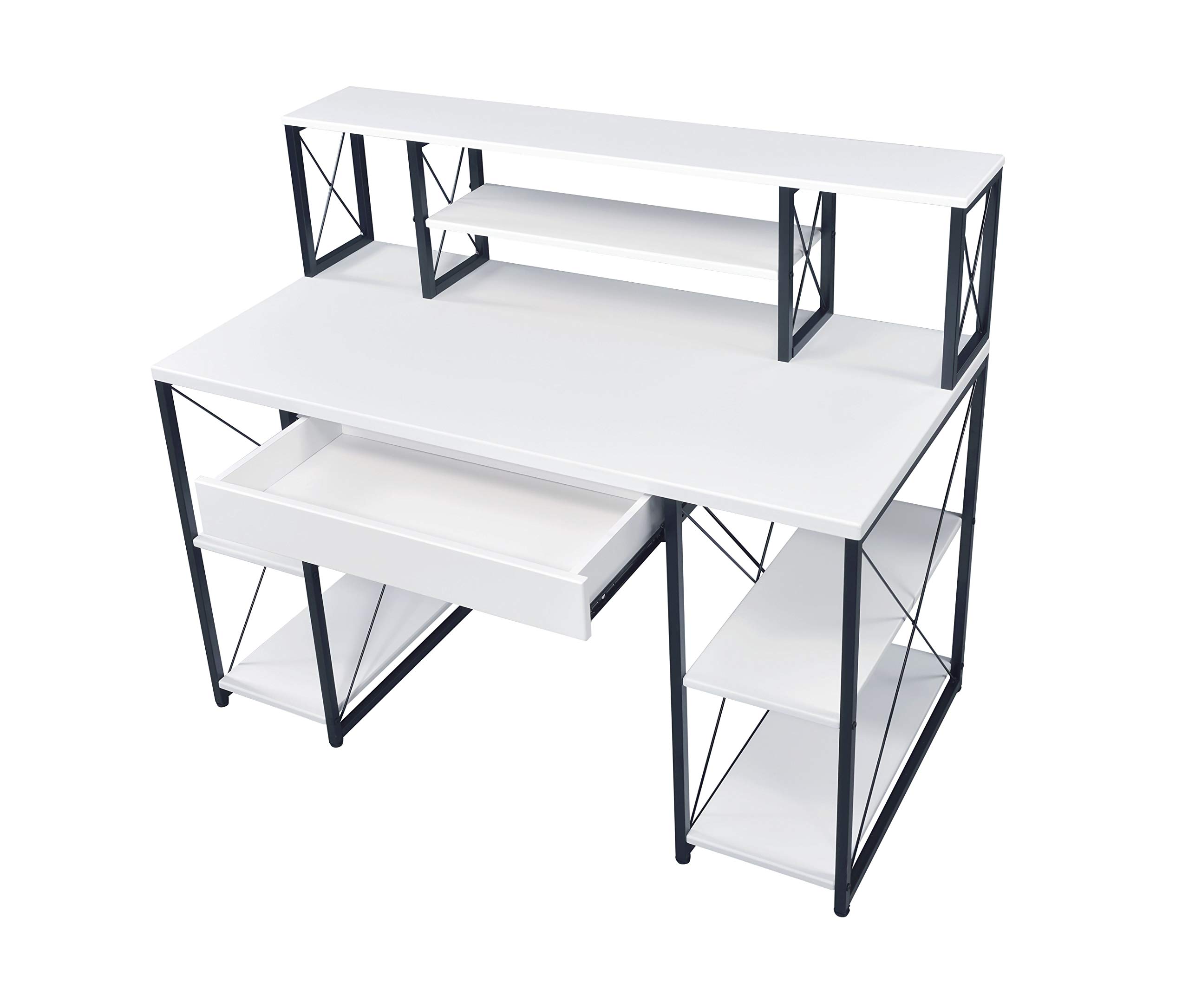 Binrrio 47" Computer Desk, Modern White Home Office Desk, Wooden Compact Writing Study Table Gaming Desk, Laptop PC Table Writing Study Table Workstation with Storage Drawer & Shelves