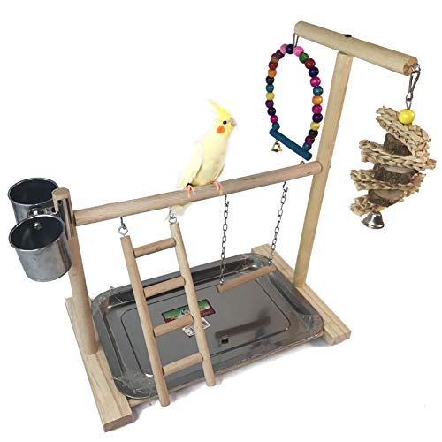 Hamiledyi Bird Playground Parrots Play Stand Wooden Parrot Perch Gym Playpen Parakeet Ladders Exercise with Feeder Cups for Cockatoo Parakeet Conure Cockatiel Cage Accessories Toy