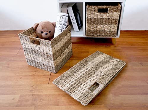 Foldable Hand-woven Wicker Cube Storage Bins, Collapsible Wicker Storage Cubes, Natural Palm Fiber & Seagrass Storage Baskets, Chi An Home Cubes Organizer with Handles, 4 Pack - 11.8" x 11.8" x 11.8"