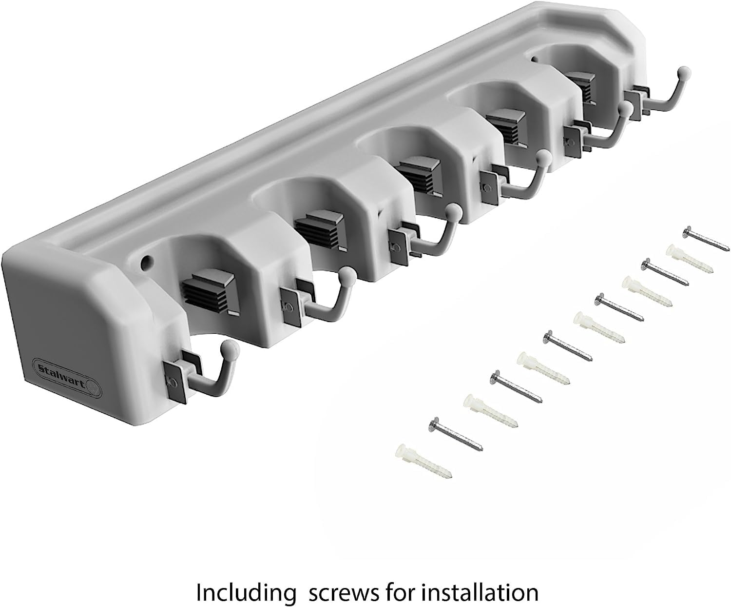 Stalwart Garden Tool Organizer Wall Mount Broom and Mop Holder, 5 Adjustable Slots and 6 Hooks Utility Rack for Garage or Home Organization