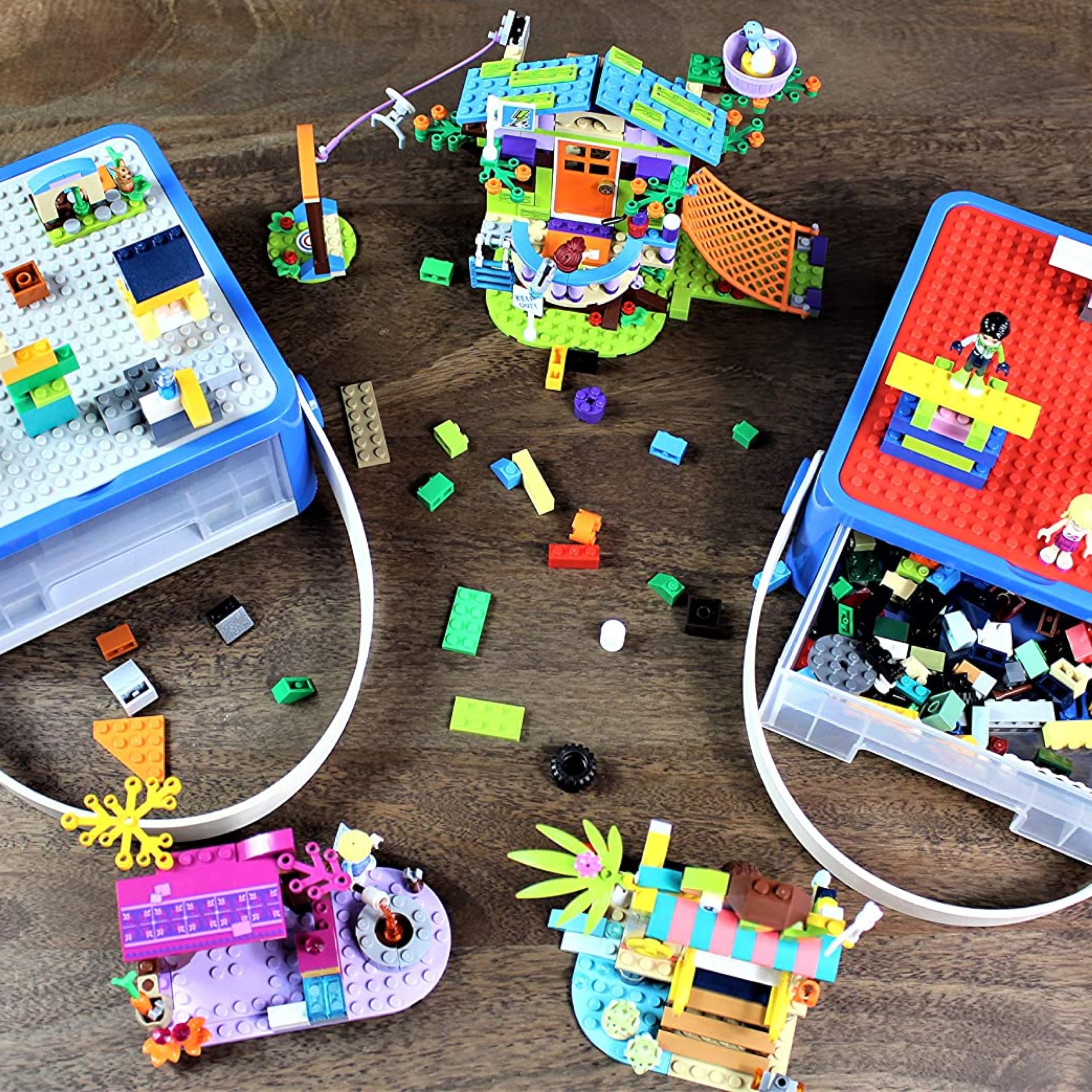 Bins & Things Lego Storage, Bin Box Organizer - Kids Toy Storage Containers - Small Brick Shaped Tub Organizer for Legos, Barbie Dolls and Hot Wheels - Anti-Lego Mess Organizer (Blue & White)