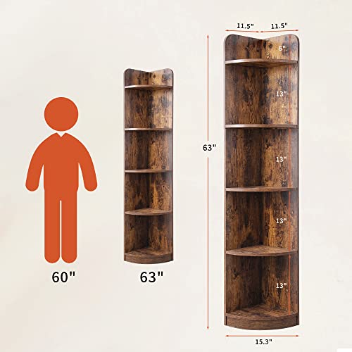 Fun Memories 5-Tier Corner Bookshelf - 63" Tall Modern FreeStanding Corner Bookcase - Durable Wood Corner Cabinet - Perfect for Living Rooms, Bedrooms and Offices - Brown